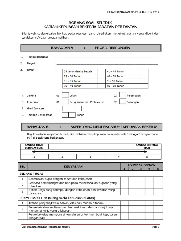 Borang Soal Selidik Kajian Kepuasan Bekerja Jan-Jun 2012 | PDF