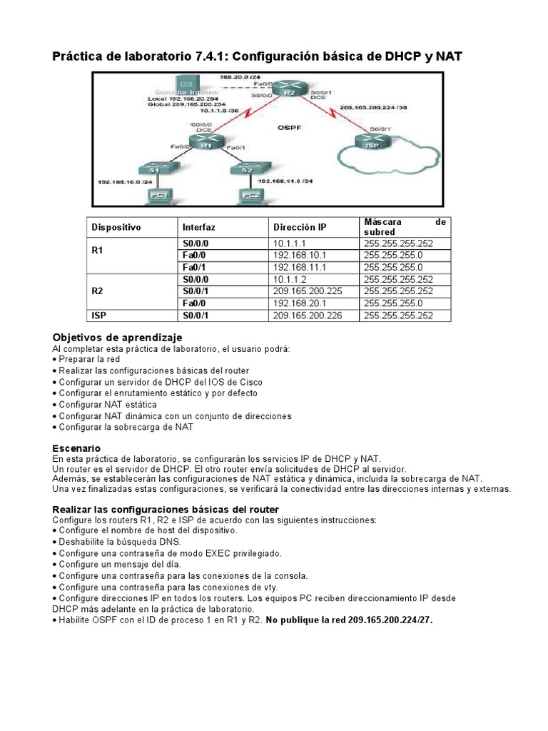Práctica de Laboratorio 7.4.1 - Configuración Básica de DHCP y NAT | PDF | Dirección IP ...