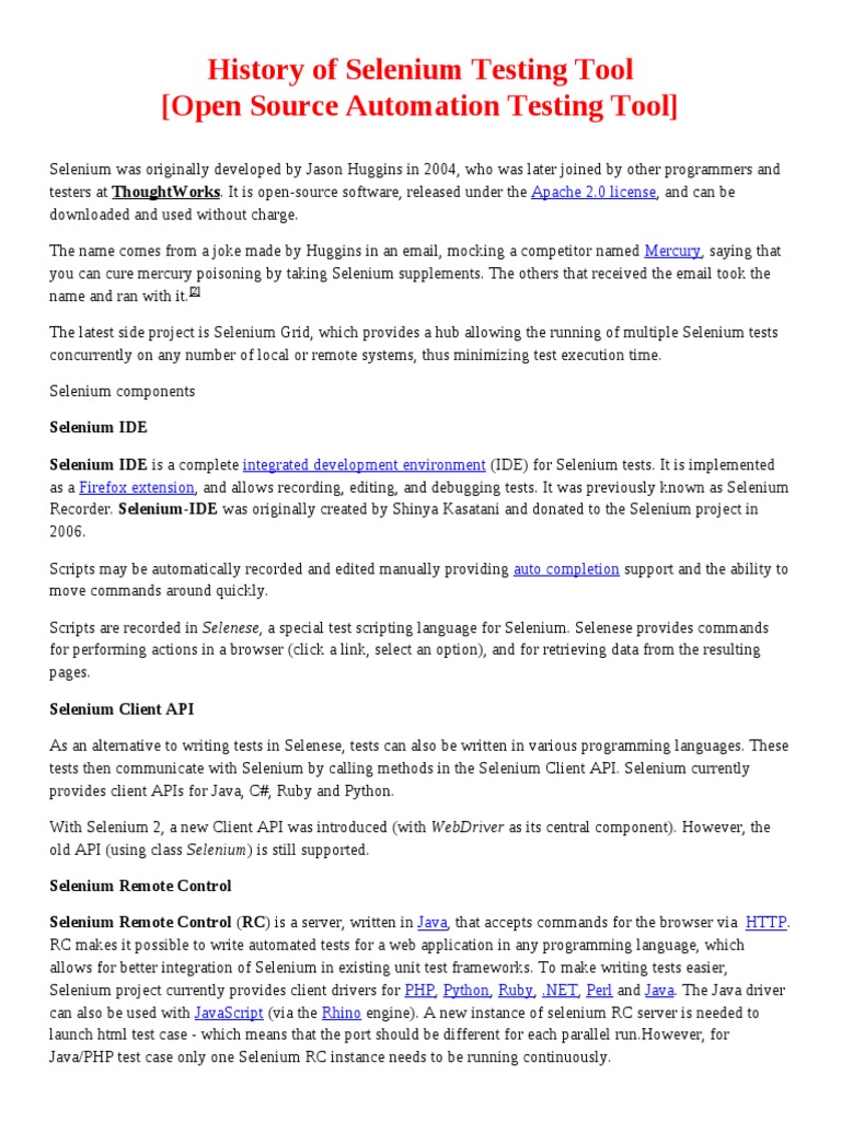 History of Selenium Testing Tool | Download Free PDF | Selenium ...
