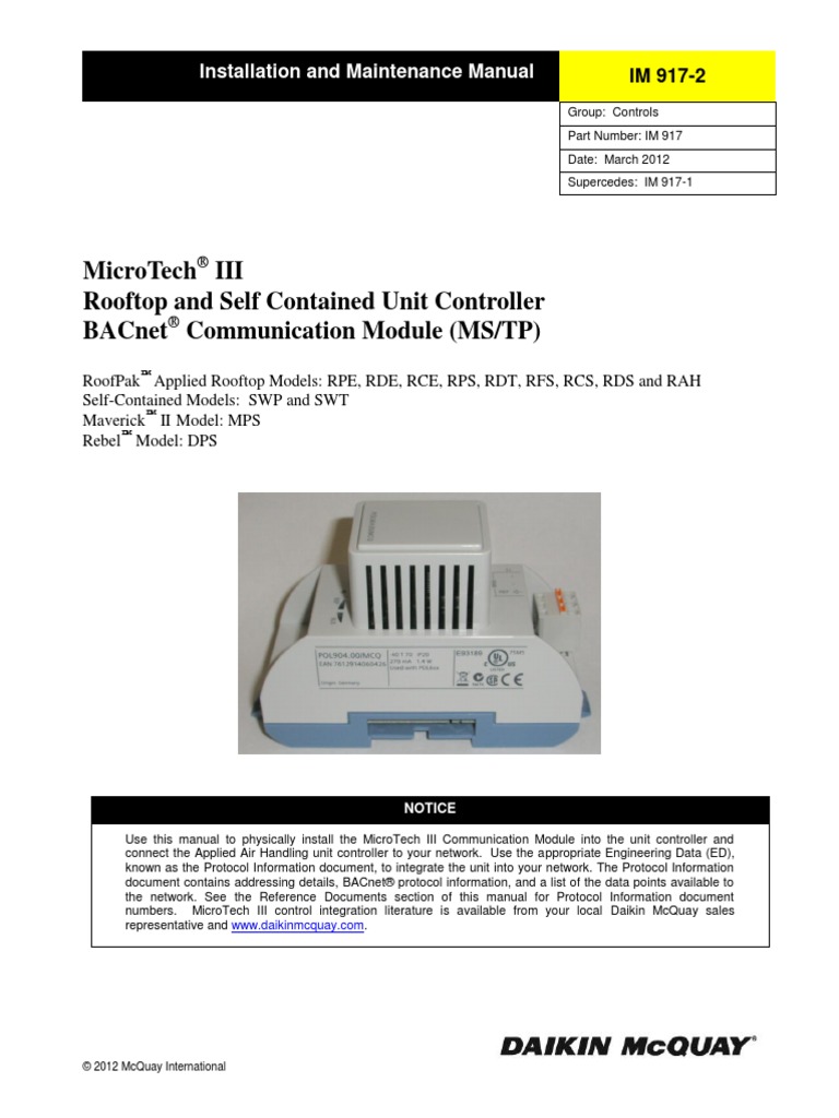 Microtech Iii Rooftop And Self Contained Unit Controller Bacnet Communication Module Ms Tp