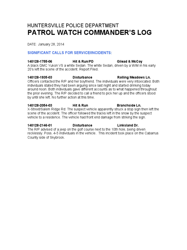 Patrol Watch Commander'S Log: Huntersville Police Department | PDF