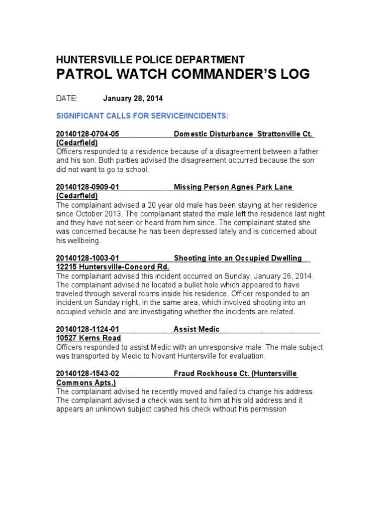 Huntersville Police Incident Log | PDF | Social Science