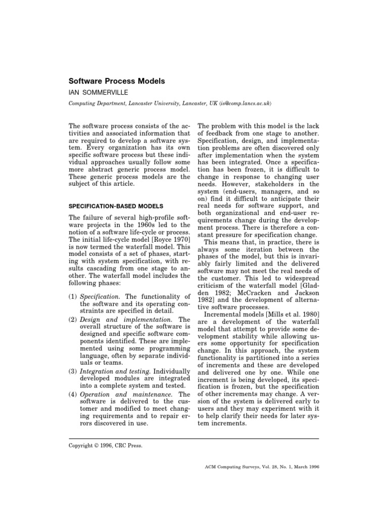 Software Process Models (SOMMERVILLE 1996) | PDF | Software Development Process | Specification ...