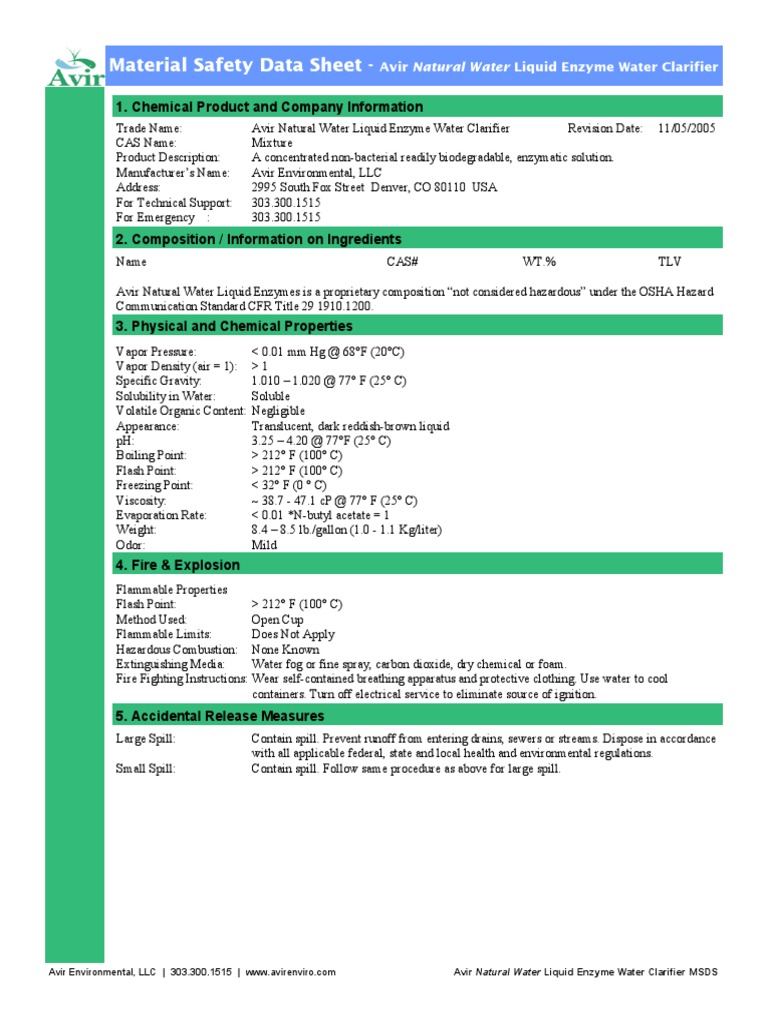 Clarifier Liquid Enzyme MSDS | PDF | Water | Chemistry