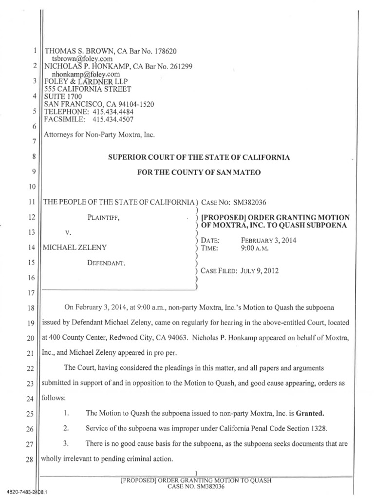 Motion To Quash Subpoena by Moxtra - (Proposed) Order | PDF
