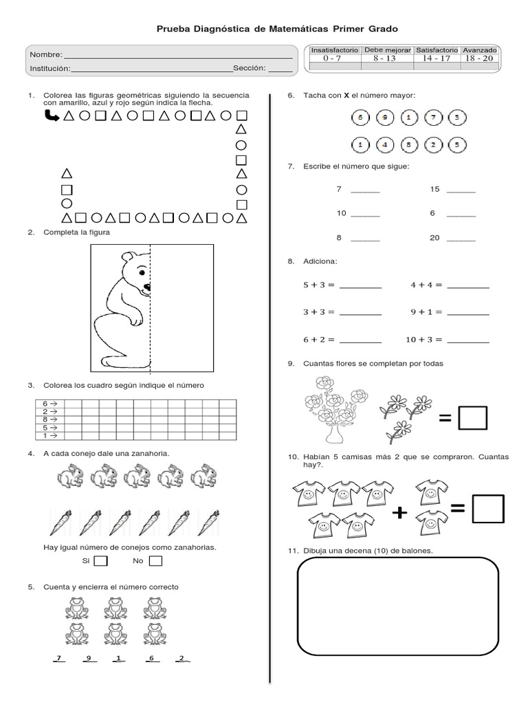 Prueba Diagnóstica Matemáticas 1er Grado | PDF | Métodos y materiales ...