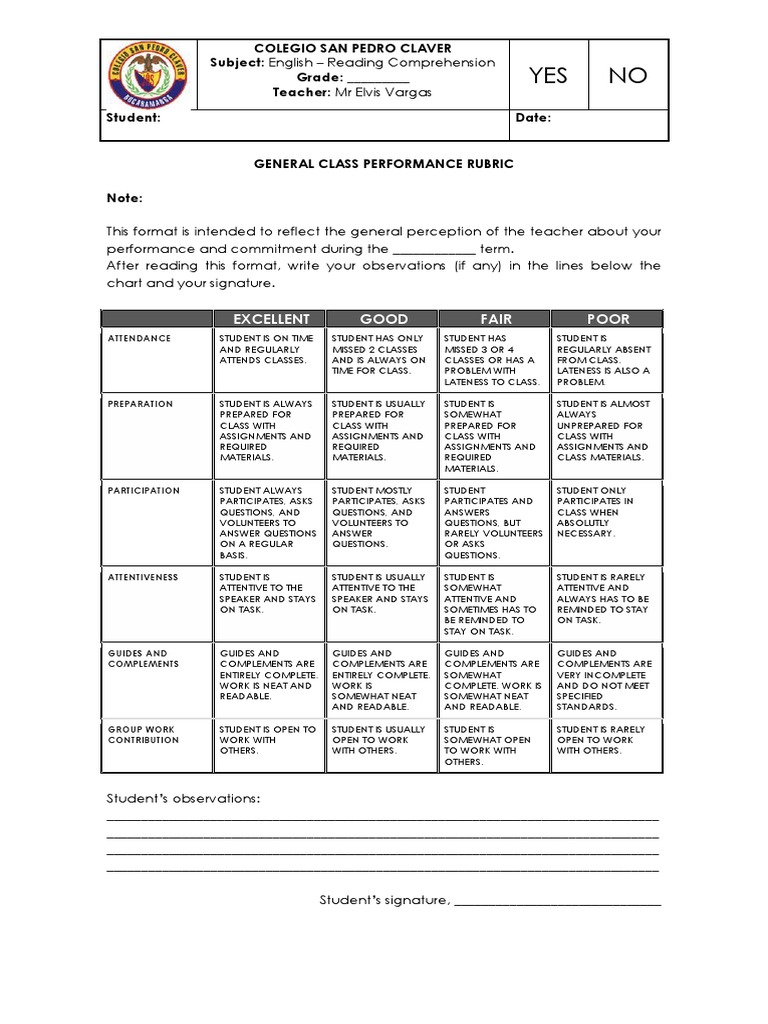 English Class Performance Rubric | PDF