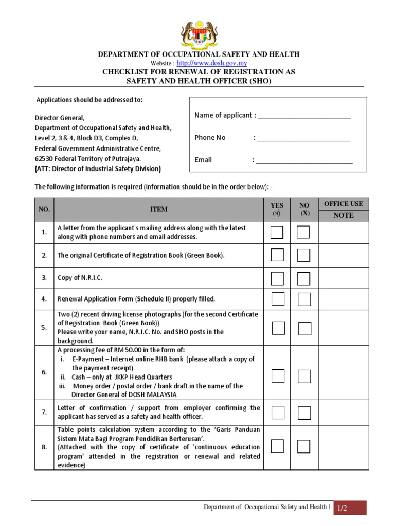 Checklist For Renewal of Registration As Safety and Health Officer (Sho ...