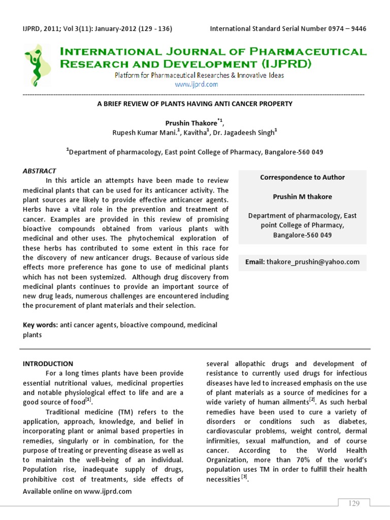 Anti-Cancer Properties of Medicinal Plants | PDF | Wellness