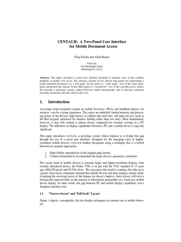 Centaur - A Two Panel User Interface For Mobile Document Access | PDF ...