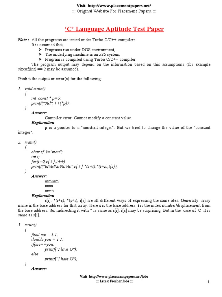 C Language Aptitude Test Paper By Placementpapers Net 1 Pdf Pointer Computer Programming