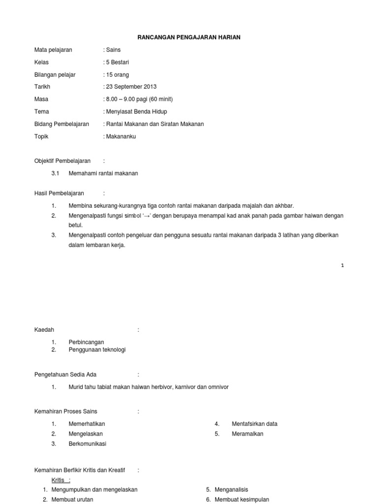 RPH Sains Tahun 5 Rantai Makanan | PDF