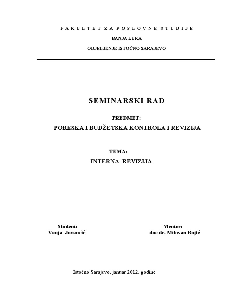 Seminarski Rad (Poreska I Budžetska Kontrola I Revizija) | PDF