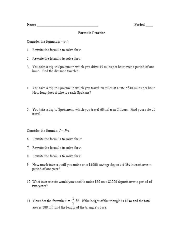 Formula Practice: Distance, Interest, Area | PDF | Language Arts ...