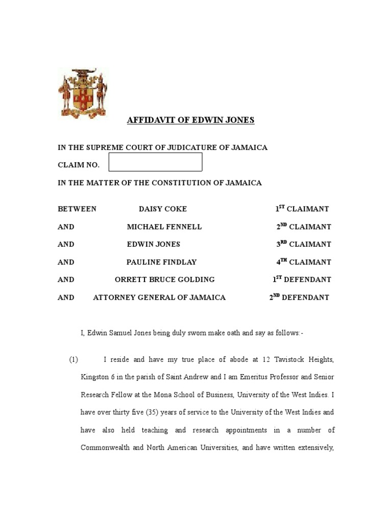 Edwin Jones Affidavit in Jamaica Case | PDF | The Honourable | Affidavit