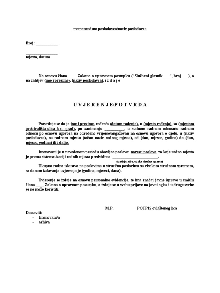 Primjer Uvjerenja Ili Potvrde o Radnom Iskustvu | PDF