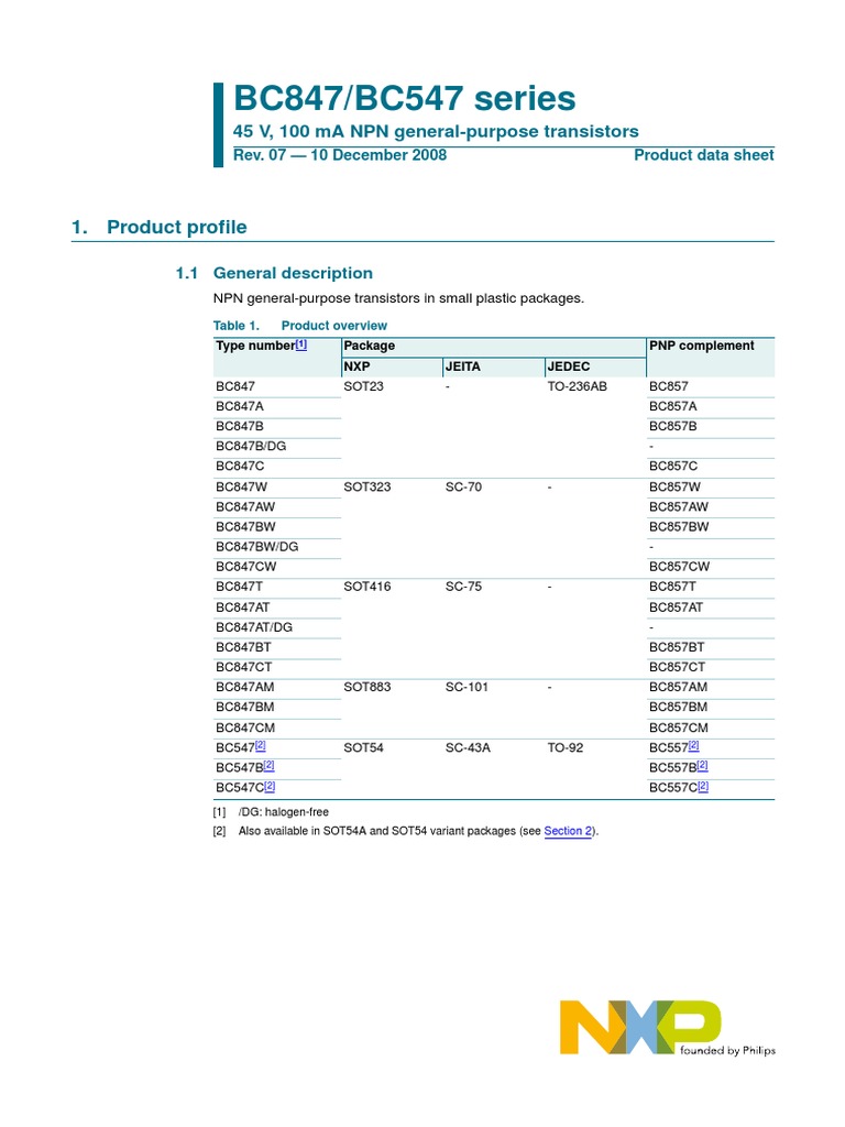 1gw - Bc547, Bc847 Series NXP | PDF | Bipolar Junction Transistor | Transistor