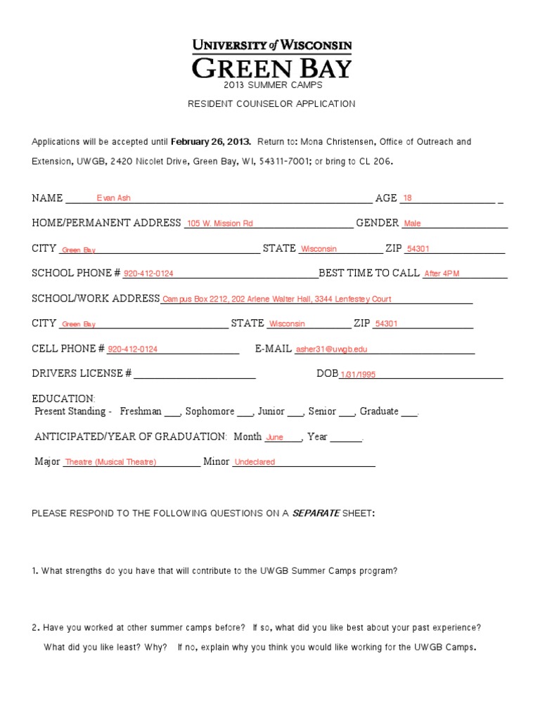 2013 Counselor Application | PDF | Business