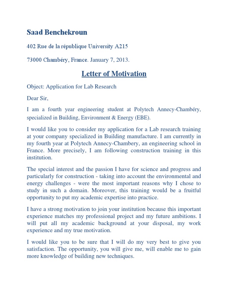 Motivation Letter for Lab Research | PDF | Career & Growth