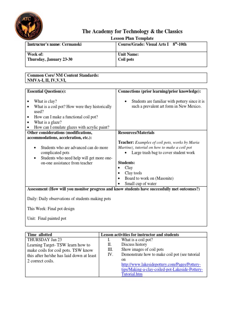 Coil Pot Lesson Plan for Visual Arts | PDF | Pottery | Lesson Plan