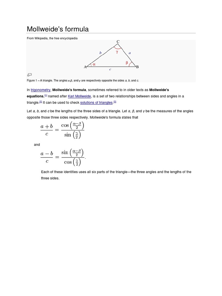 Mollweide's Formula: Trigonometry Karl Mollweide Solutions of Triangles | PDF | Teaching Methods ...