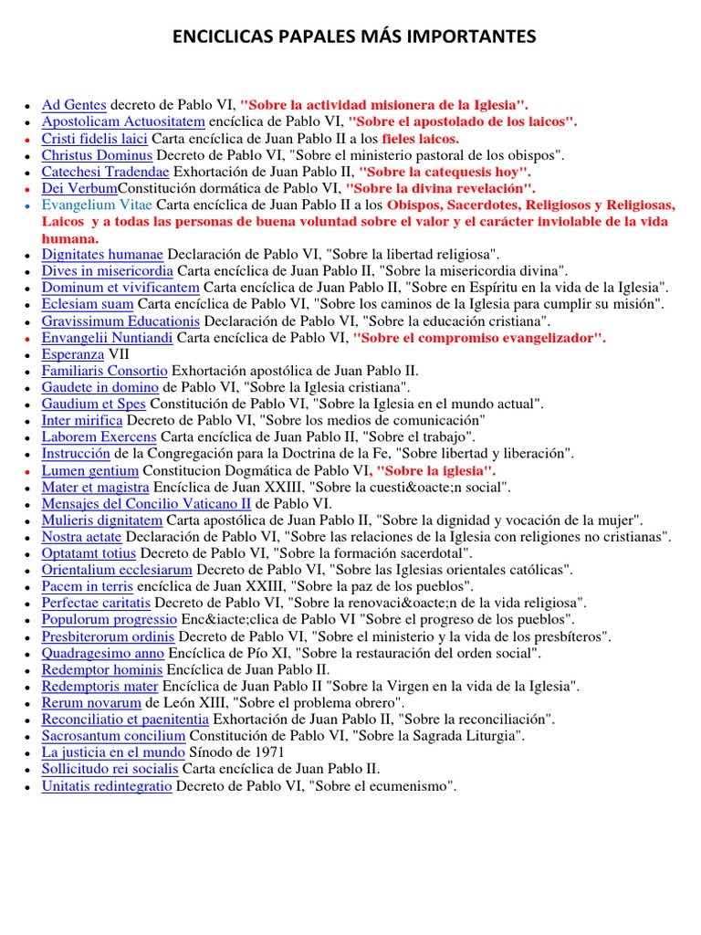 Enciclicas Papales Más Importantes | PDF | Concilio Vaticano II | Papa ...