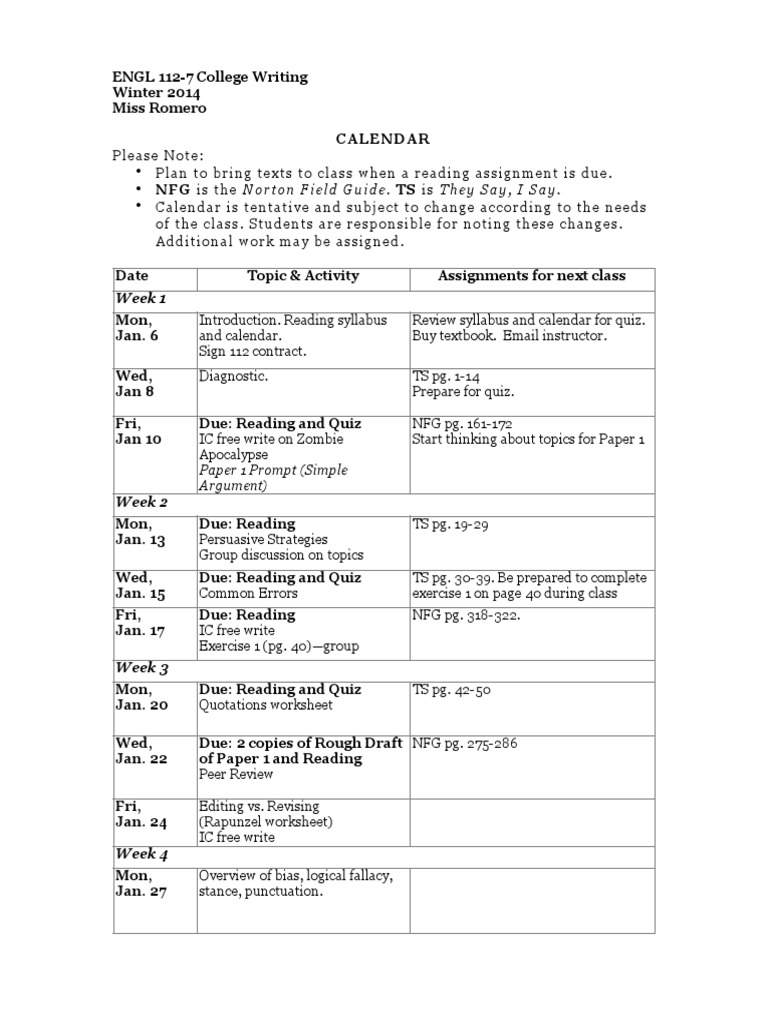ENGL 112 College Writing Calendar | PDF | Communication | Test/Examination