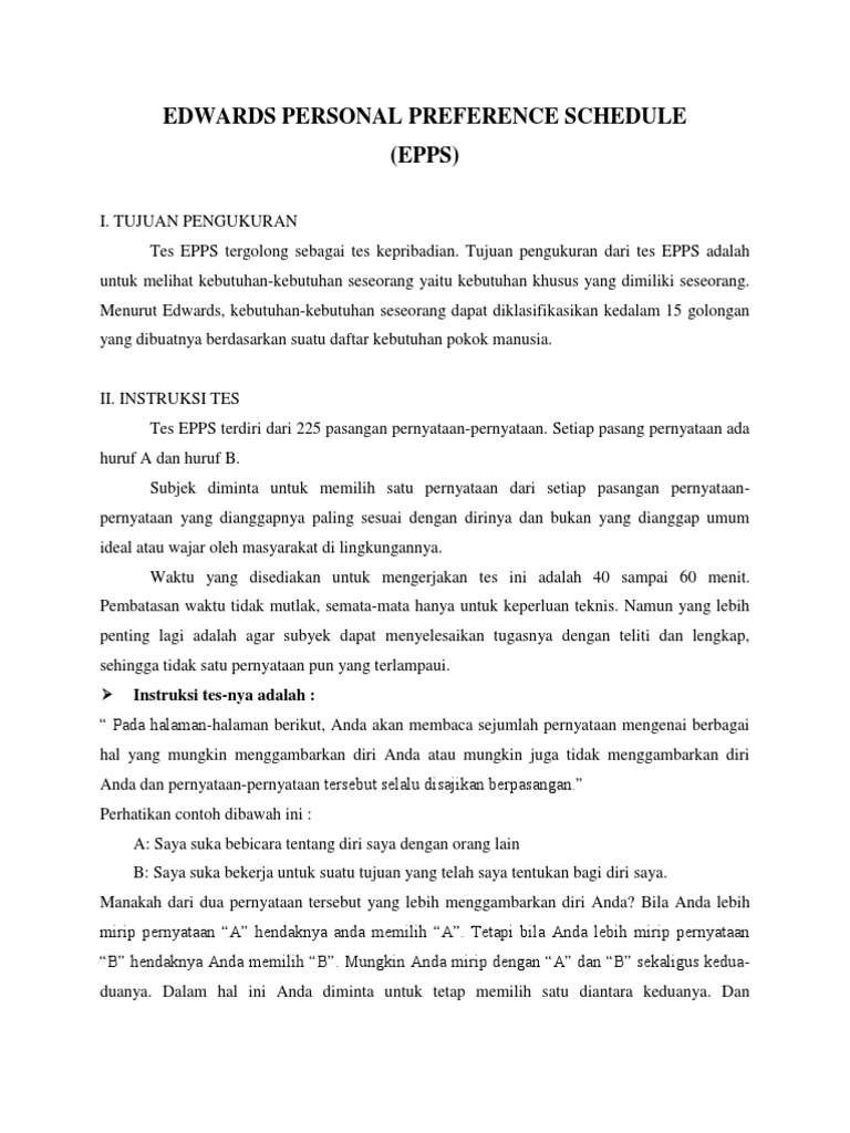 Panduan Tes EPPS dan Instruksinya | PDF | Pengembangan Diri