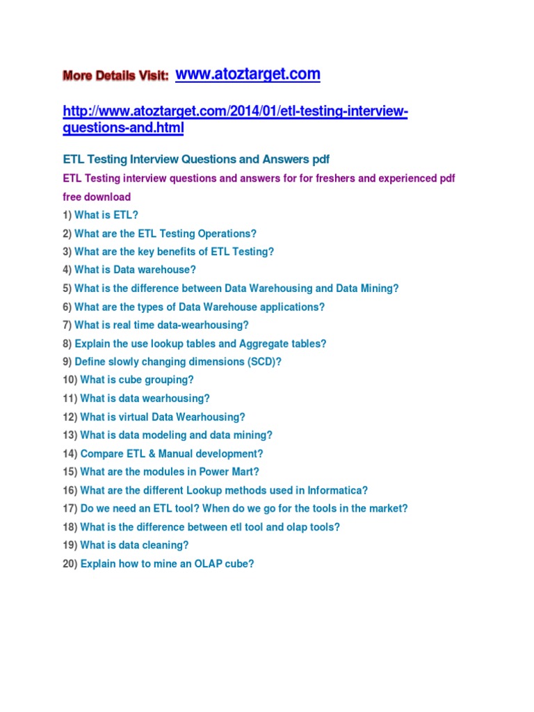 Etl Testing Interview Questions And Answers Pdf Data Warehouse Information Science