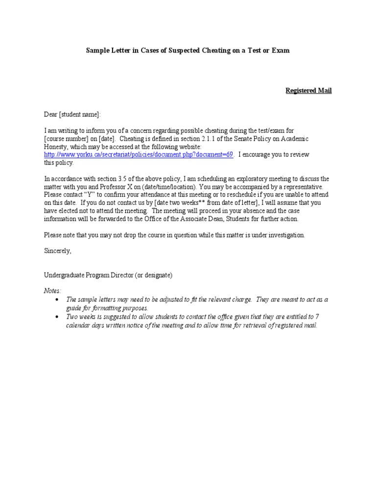Sample Letter in Cases of Suspected Cheating On A Test or Exam | PDF ...