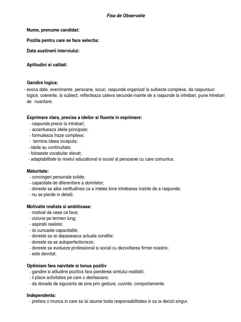 Fisa de Observatie Interviu