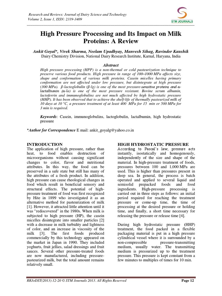 High Pressure Processing and Its Impact On Milk Protein A Review | PDF ...