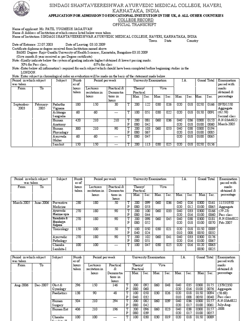 RGUHS BAMS Transcript Certificate Format | Ayurveda | Academic Degree