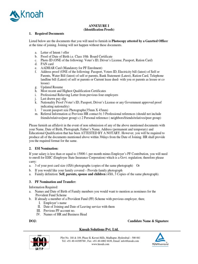 Annexure I (Identification Proofs) 1. Required Documents: Knoah ...