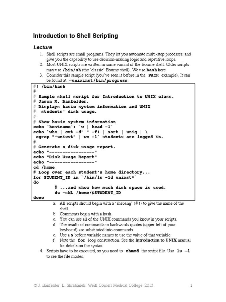 Introduction To Shell Scripting: © J. Banfelder, L. Skrabanek, Weill ...