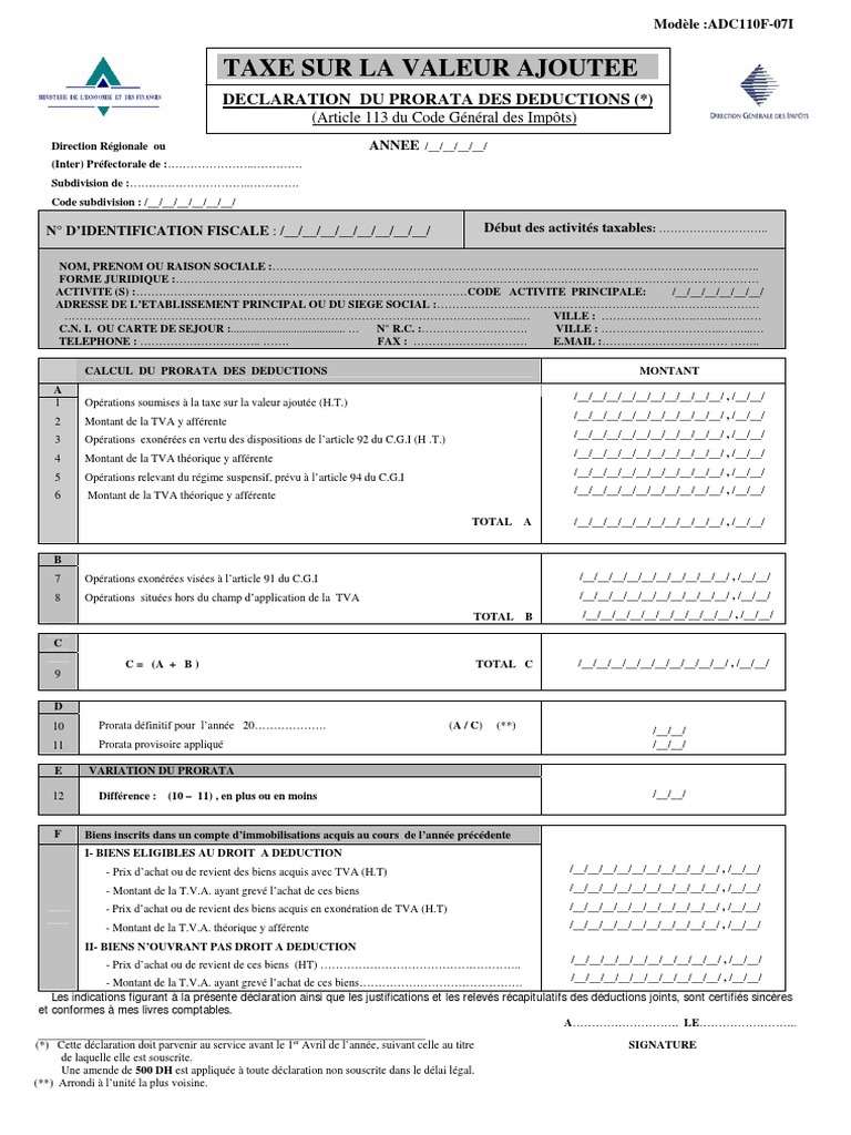 Tva Declaration Du Prorata Des Deductions | PDF | Taxe sur la valeur ajoutée | Paiements