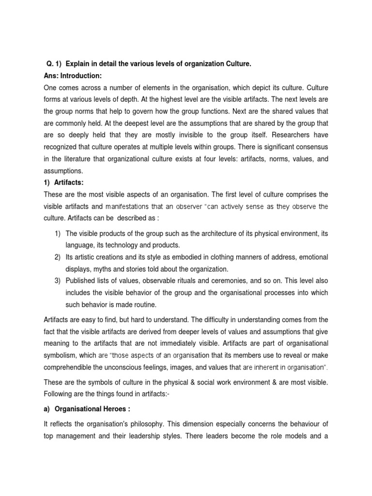 Q. 1) Explain in Detail The Various Levels of Organization Culture. Ans ...