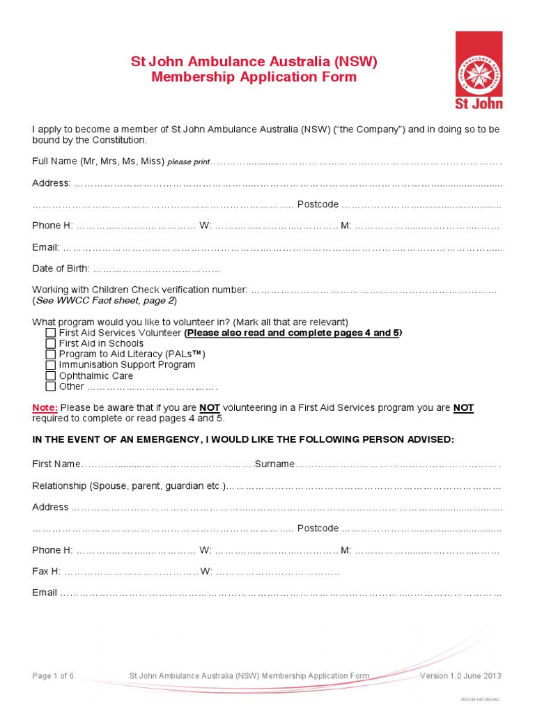 Membership Application Form ST John NSW 2013 | PDF | Cardiopulmonary ...