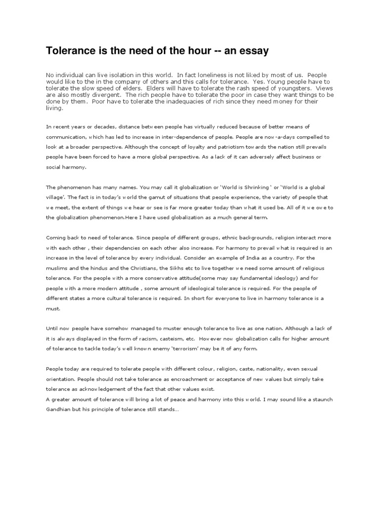 Tolerance Is The Need of The Hour - An Essay | Download Free PDF ...