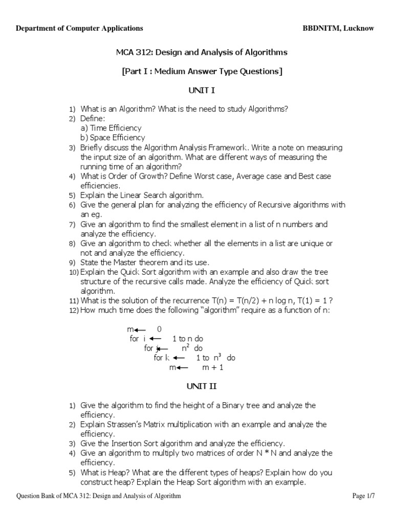 MCA 312 Design&Analysis of Algorithm QuestionBank | PDF | Time Complexity | Algorithms