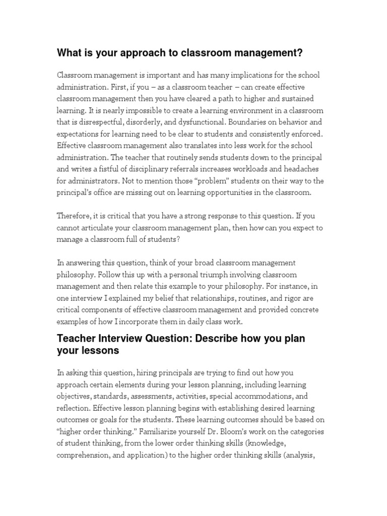 What Is Your Approach To Classroom Management | PDF | Classroom ...