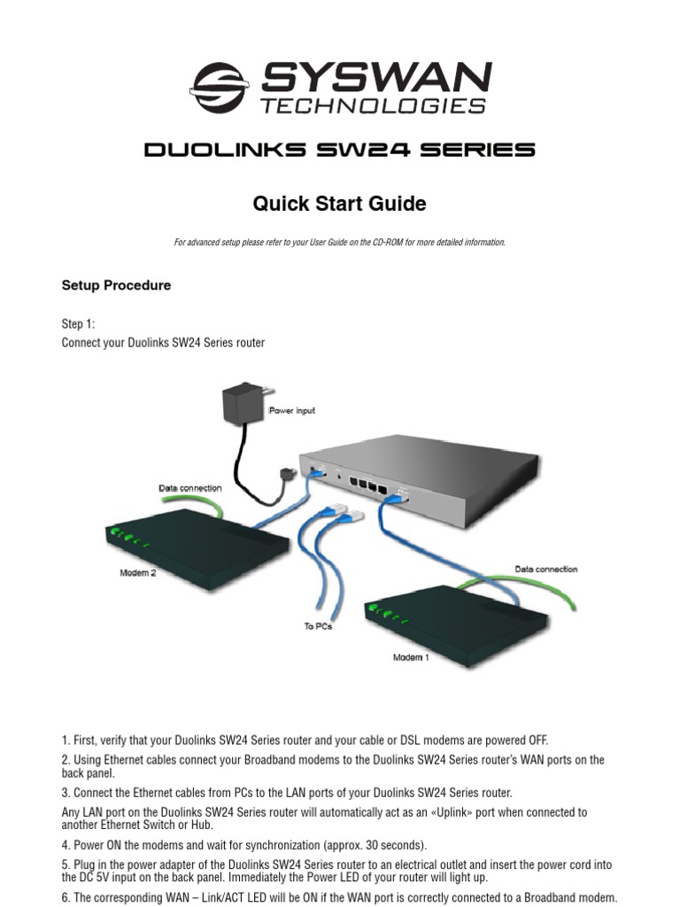 Syswan Duolinks SW24 Series Dual WAN Router Quick Installation Guide | PDF