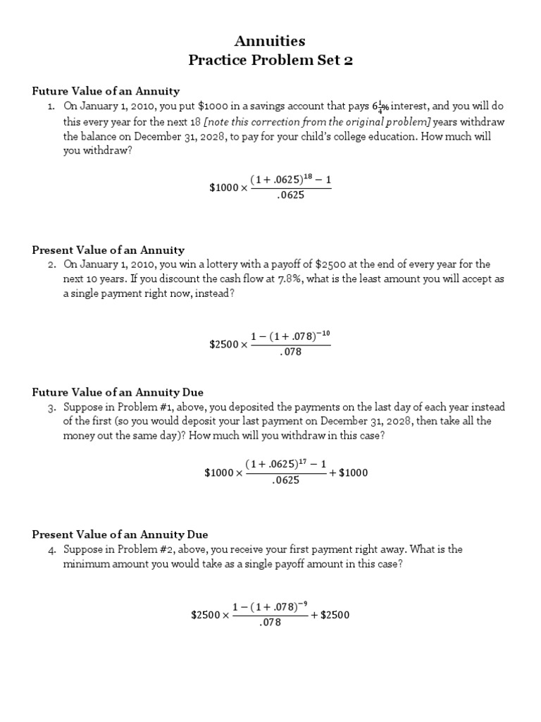 Annuities Practice Problem Set 2: Future Value of An Annuity | PDF ...