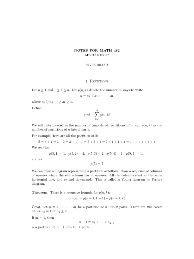 MATH 482 PARTITIONS | PDF | Sequence | Abstract Algebra