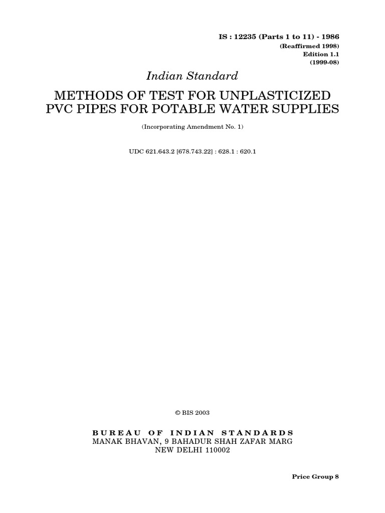Methods of Test For Unplasticized PVC Pipes For Potable Water Supplies ...