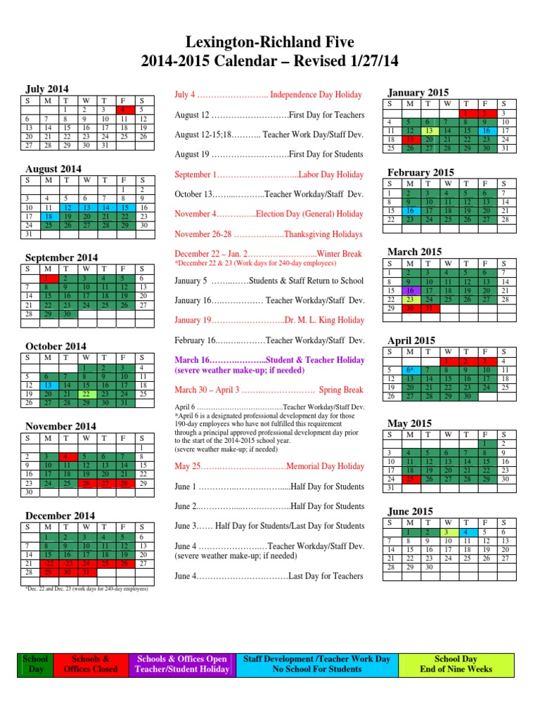 Lexington-Richland Five 2014-2015 Calendar | PDF | Socioeconomics ...