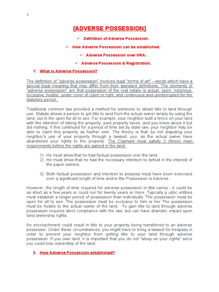 Adverse Possession A | PDF | Adverse Possession | Possession (Law)