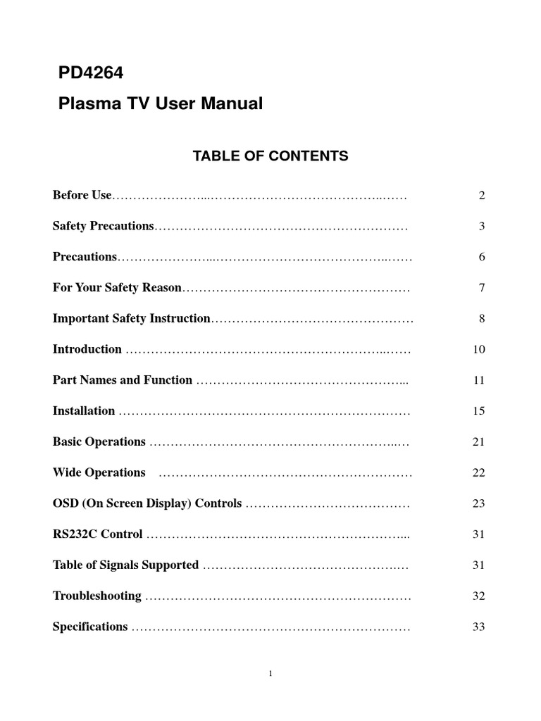 Manual For Plasma TV | PDF | Ac Power Plugs And Sockets | Electronics