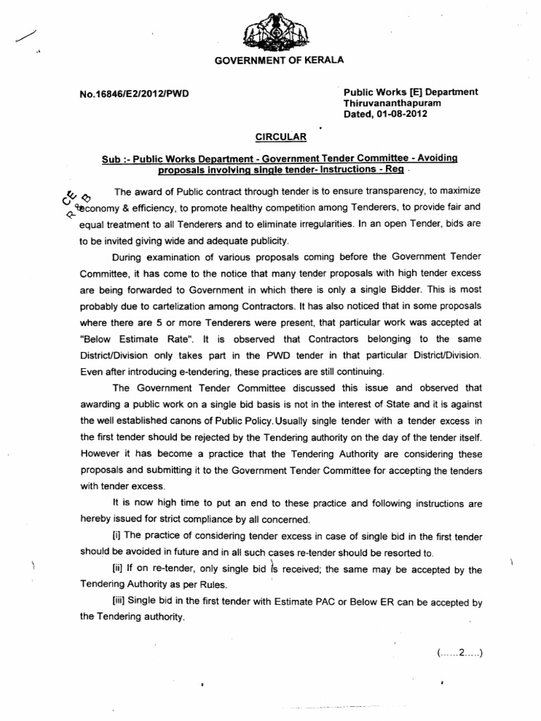 Kerala PWD Single Tender Circular | PDF