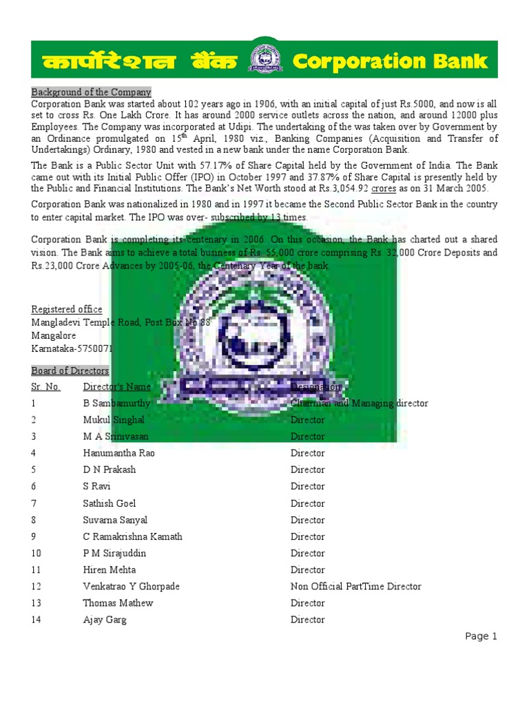 Corporation Bank: History and Growth Insights | PDF | Dividend | Equity ...